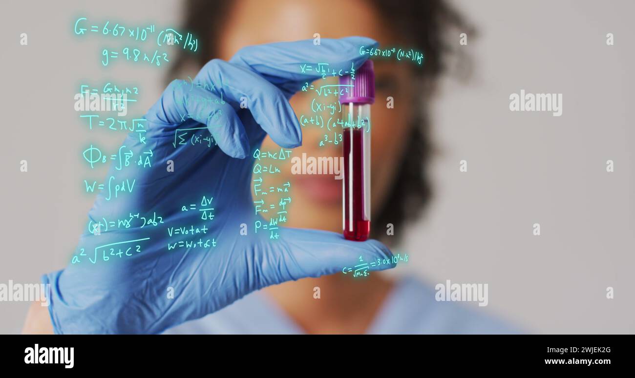 Image of mathematical equations over biracial female doctor with test ...