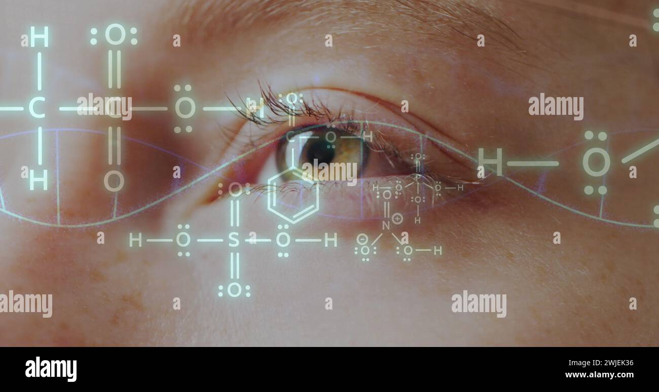 Image of chemical structures and dna strand over eye Stock Photo - Alamy
