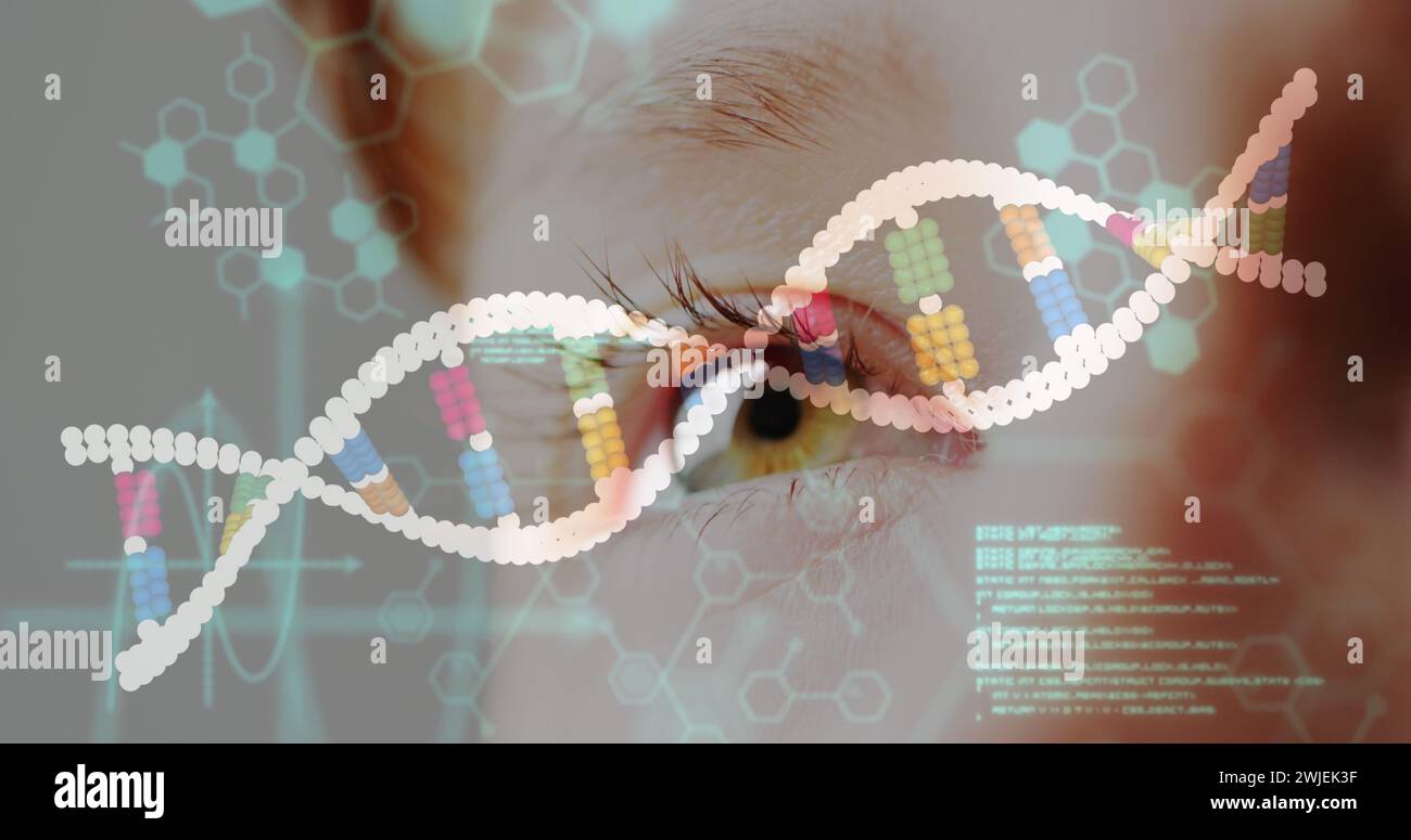 Image of dna strand and data processing over eye Stock Photo - Alamy