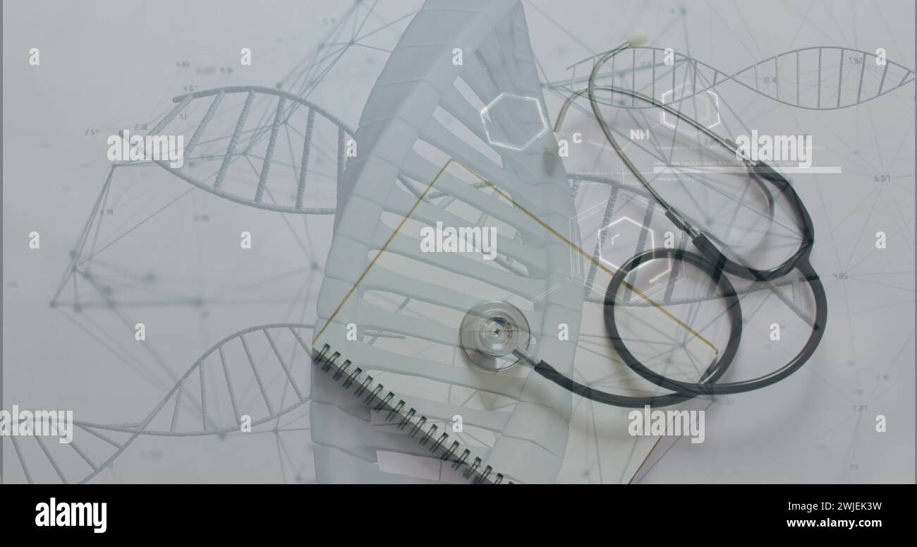 Image of chemical structures and dna strands over notebook and ...