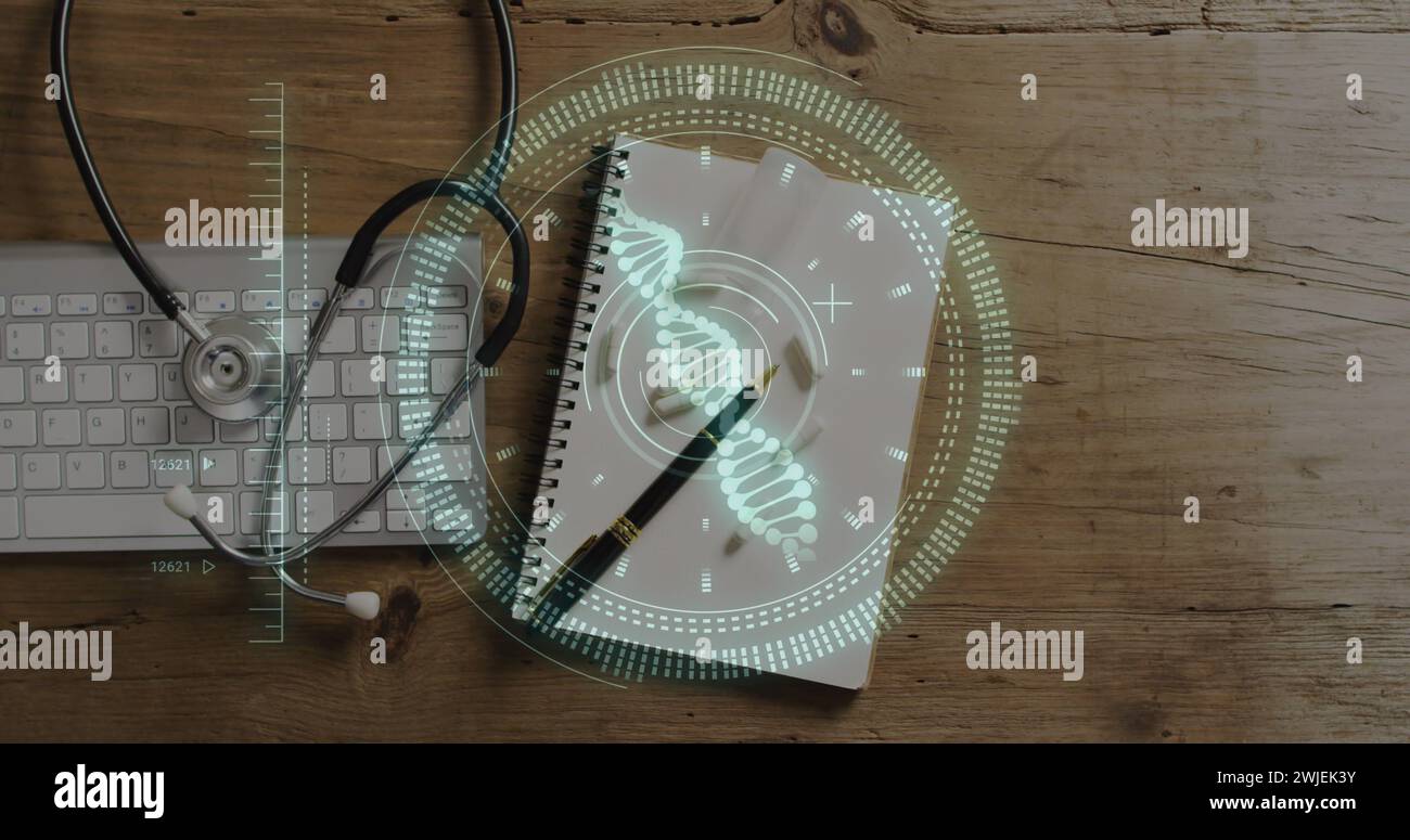 Image of dna strand and scope scanning over keyboard and stethoscope Stock Photo - Alamy