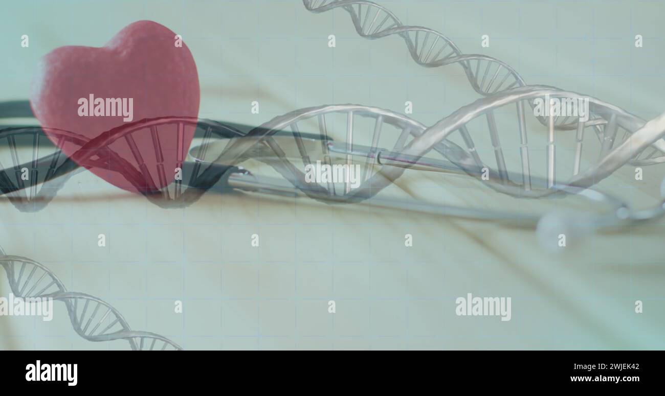 Image of dna strands and scope scanning over stethoscope and heart ...