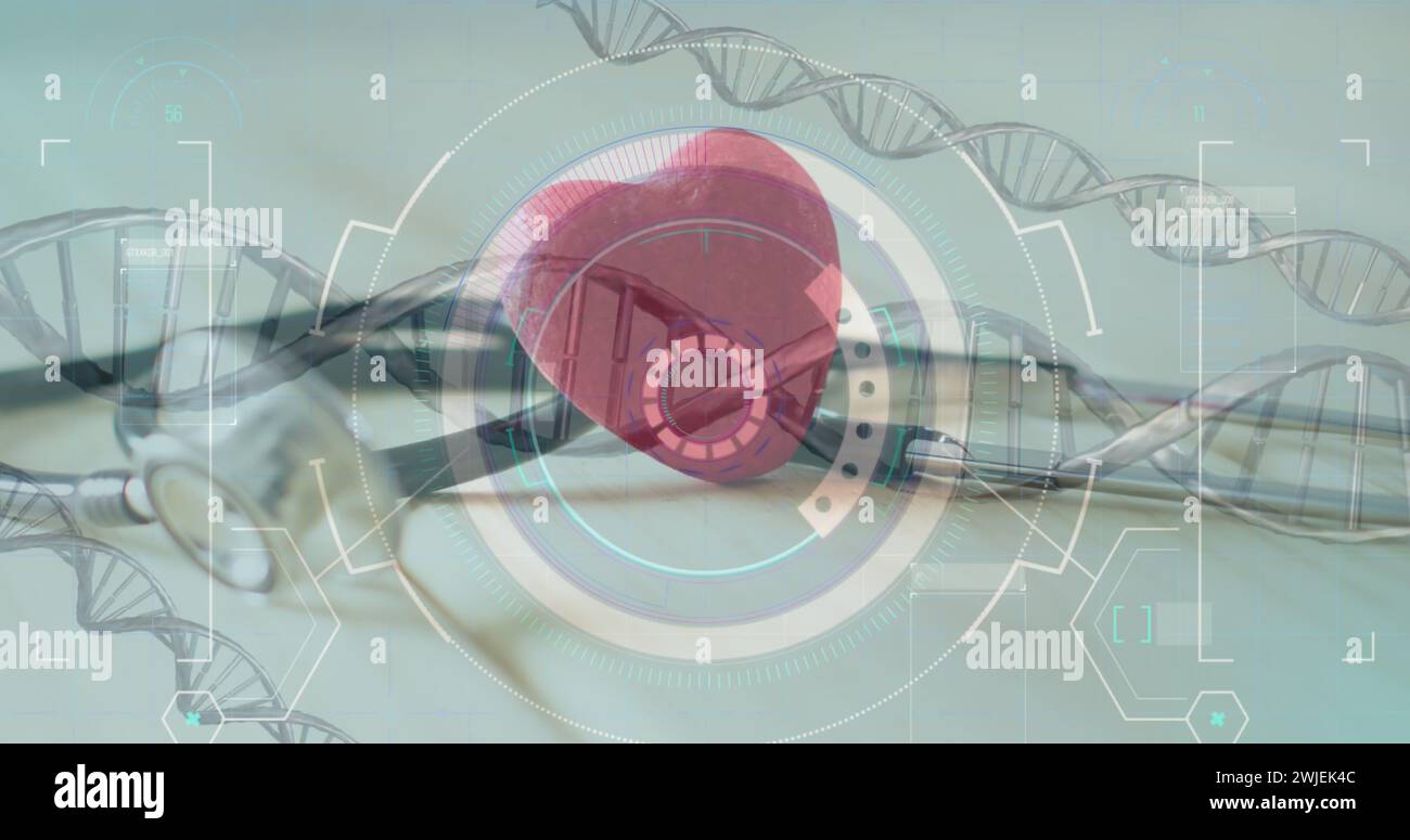 Image of dna strands and scope scanning over stethoscope and heart ...