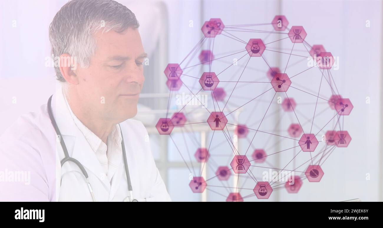 Digital image shows doctor with laptop linked to global medical network ...