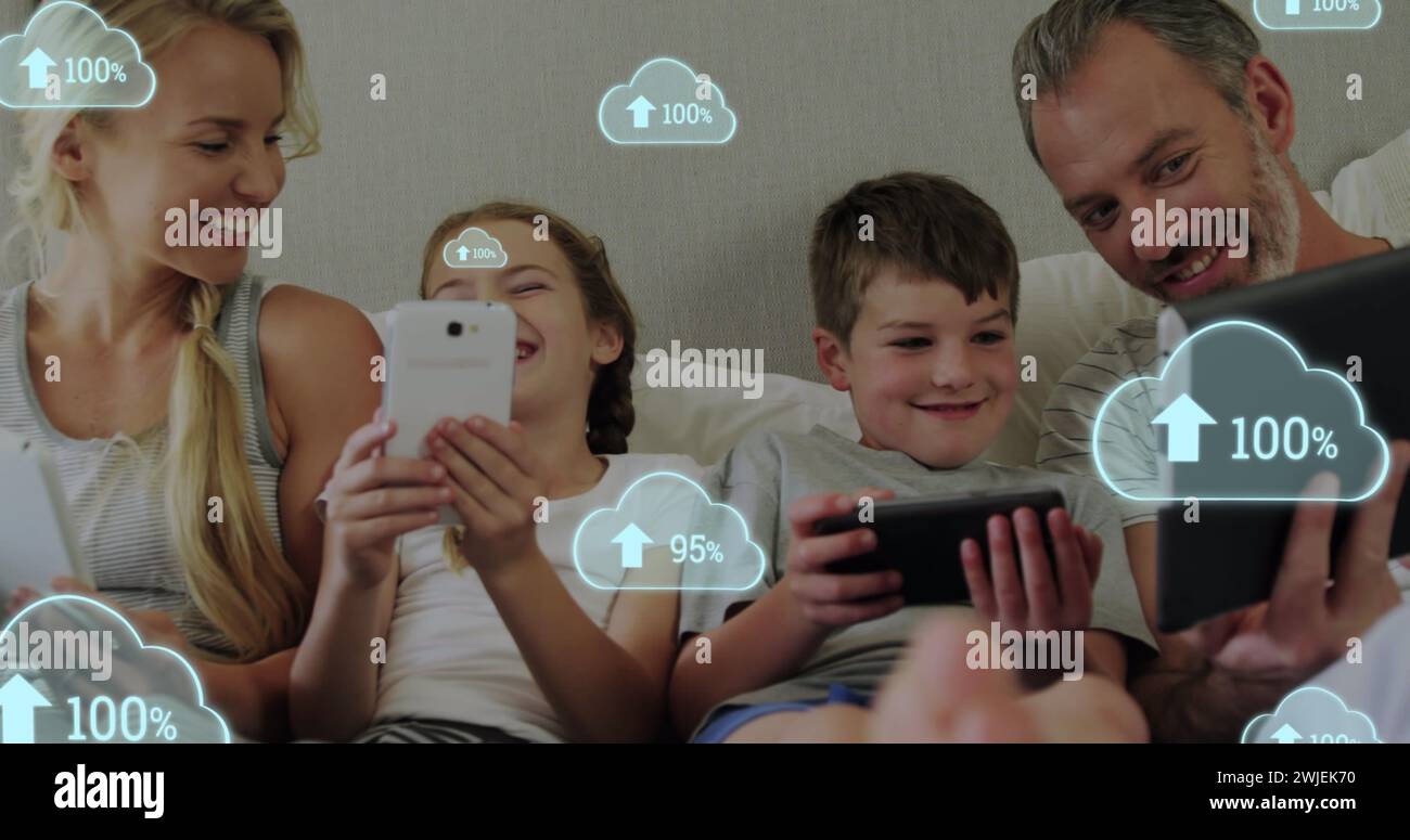 Digital image shows family using tech with growing cloud network ...