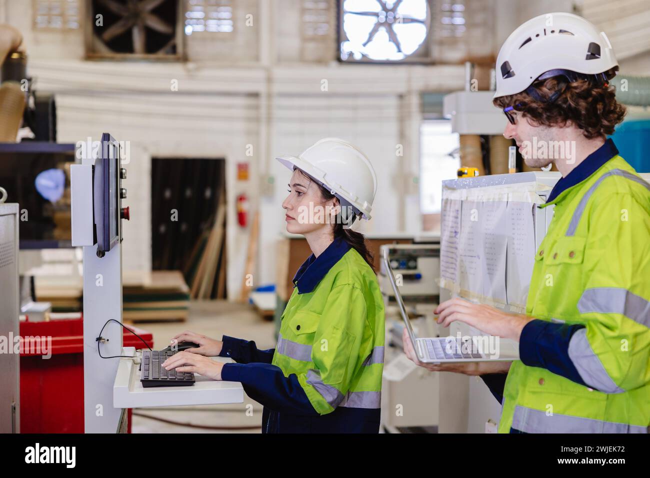 engineer team staff worker working in wooden furniture factory control ...