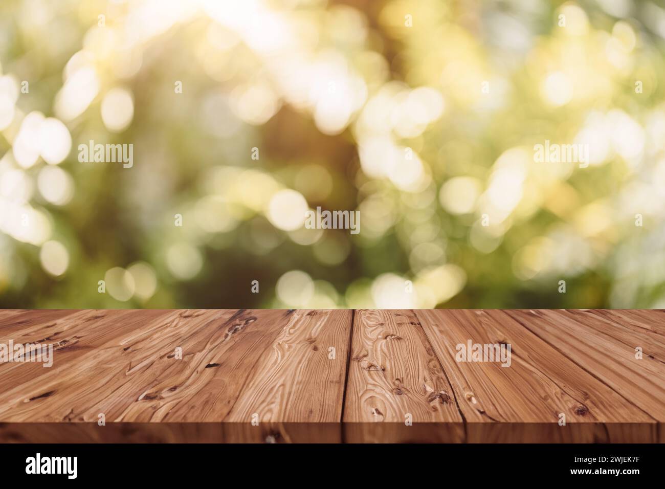 Rustic wooden table on green bush blank old wood table top, blur green ...