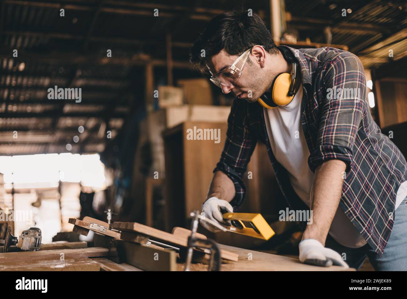 professional carpenter man hand working make wooden handcraft furniture ...