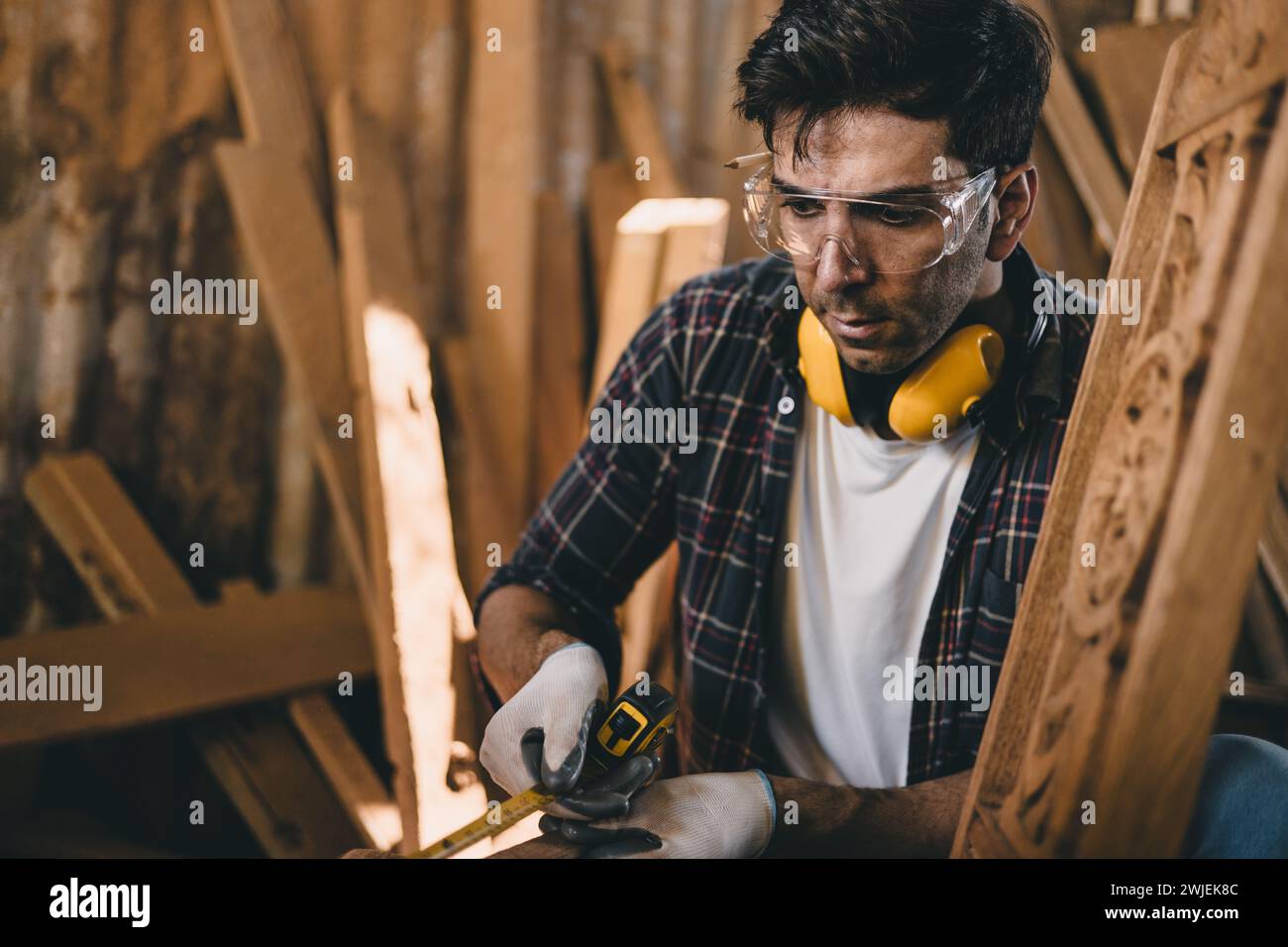 professional carpenter man hand working make wooden handcraft furniture ...