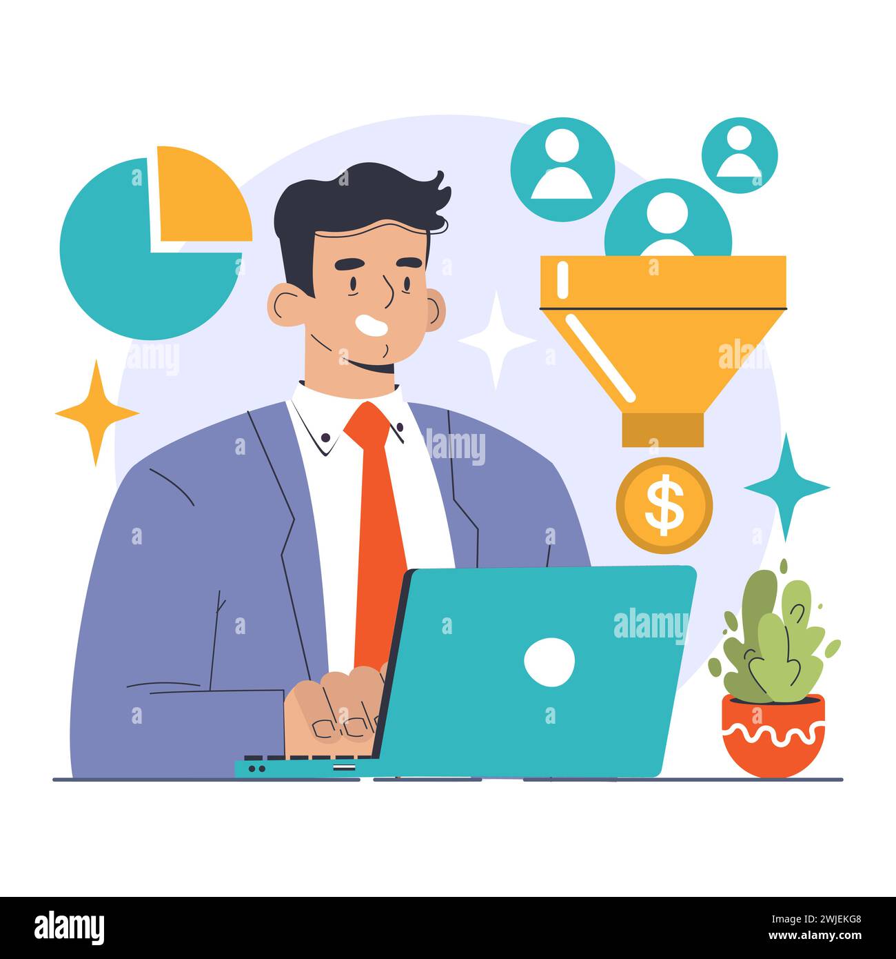 Lead Generation concept. Confident businessman using a laptop ...