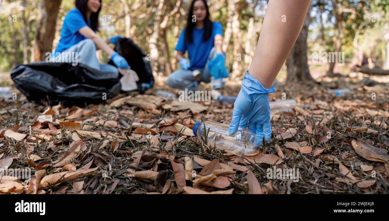 Volunteer collecting plastic trash in the forest. The concept of ...