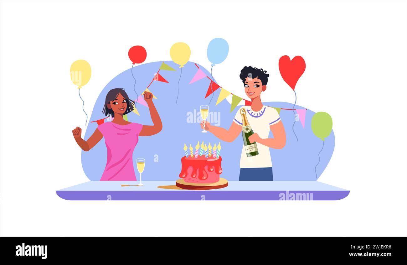 Cheerful girl and guy celebrating their birthday. Birthday party with ...