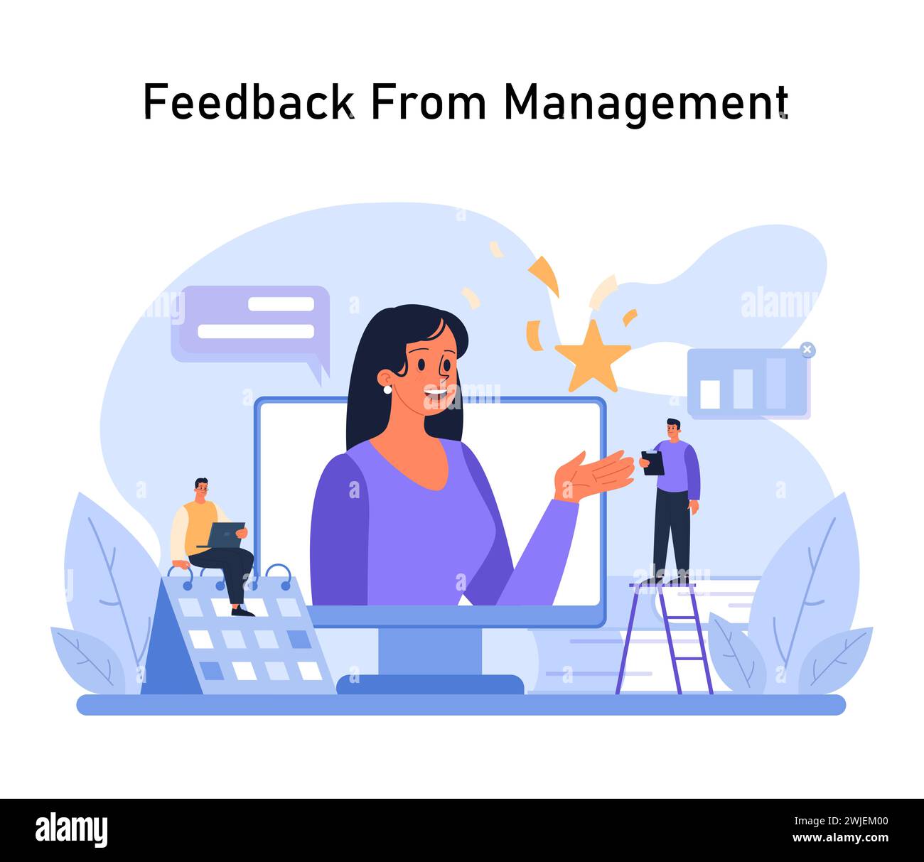 Feedback From Management concept. A jubilant employee receives a golden ...