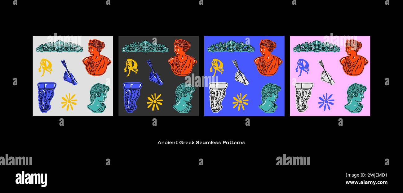 Ancient Greek Hand drawn Seamless Pattern Set with sculptures Stock ...