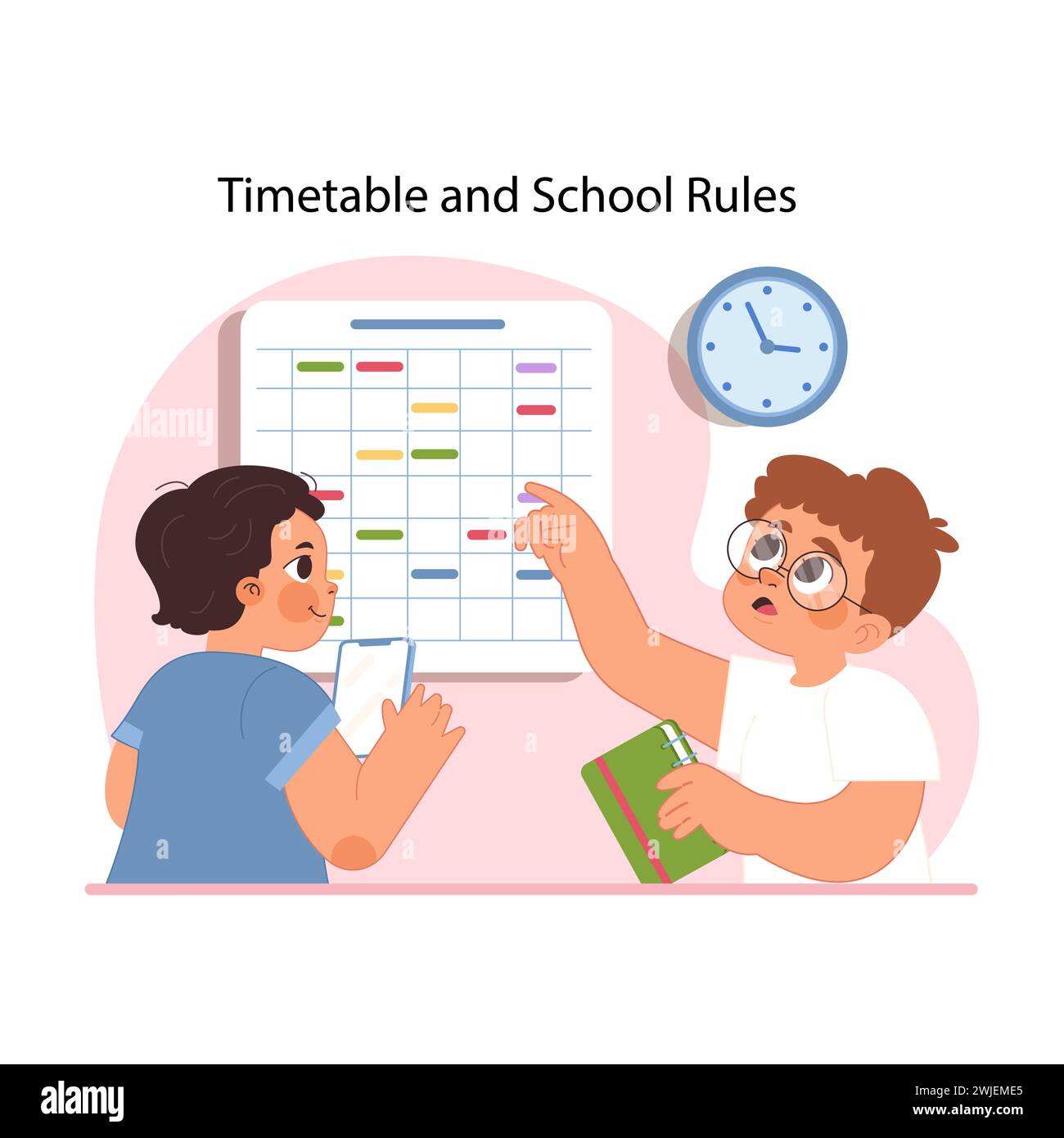 Timetable and school rules concept. Two schoolboys studying timetables ...
