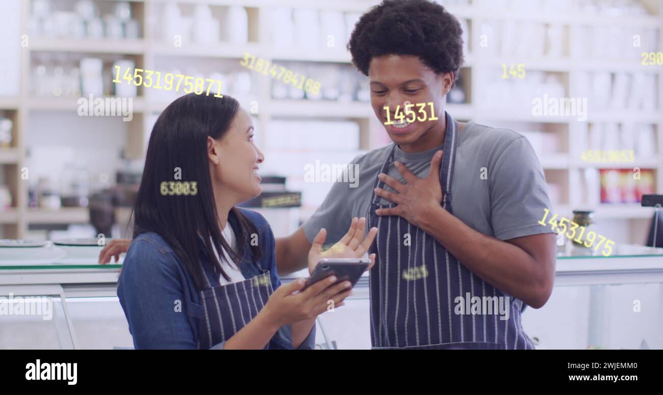 Image of data processing over diverse shop assistants talking Stock ...