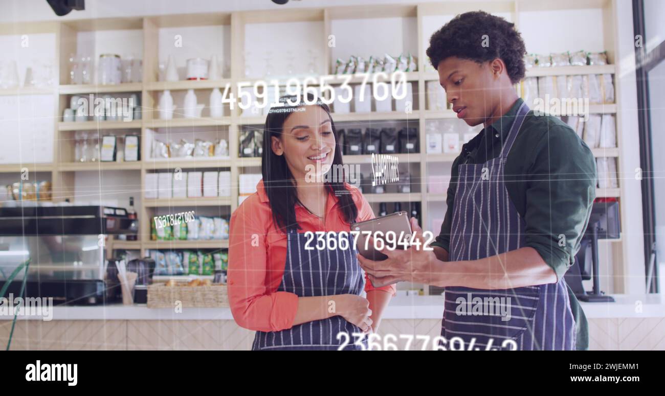 Image of data processing over diverse shop assistants talking Stock ...