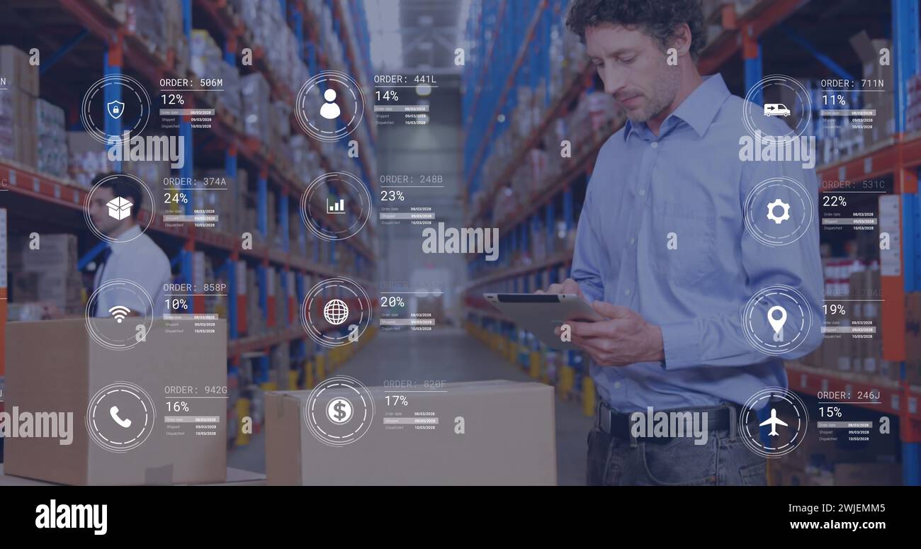 Image of icons with data processing over caucasian male worker using ...