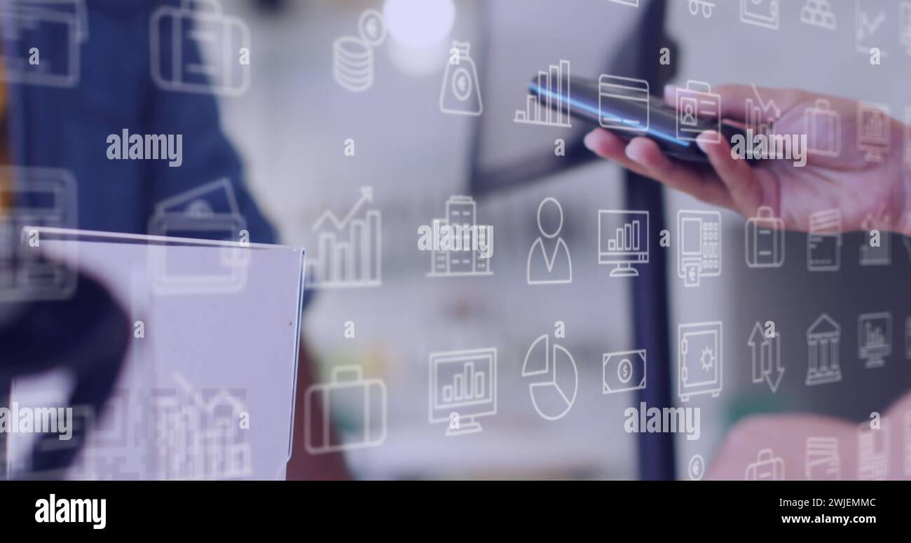 Image of business icons over hands giving coffee Stock Photo - Alamy