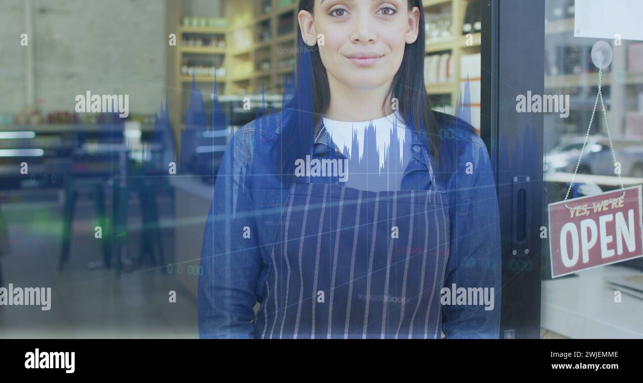 Image of data processing over caucasian female shop assistant smiling ...