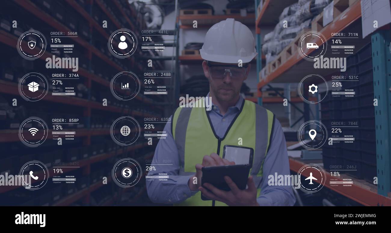 Image of icons with data processing over caucasian male worker using ...