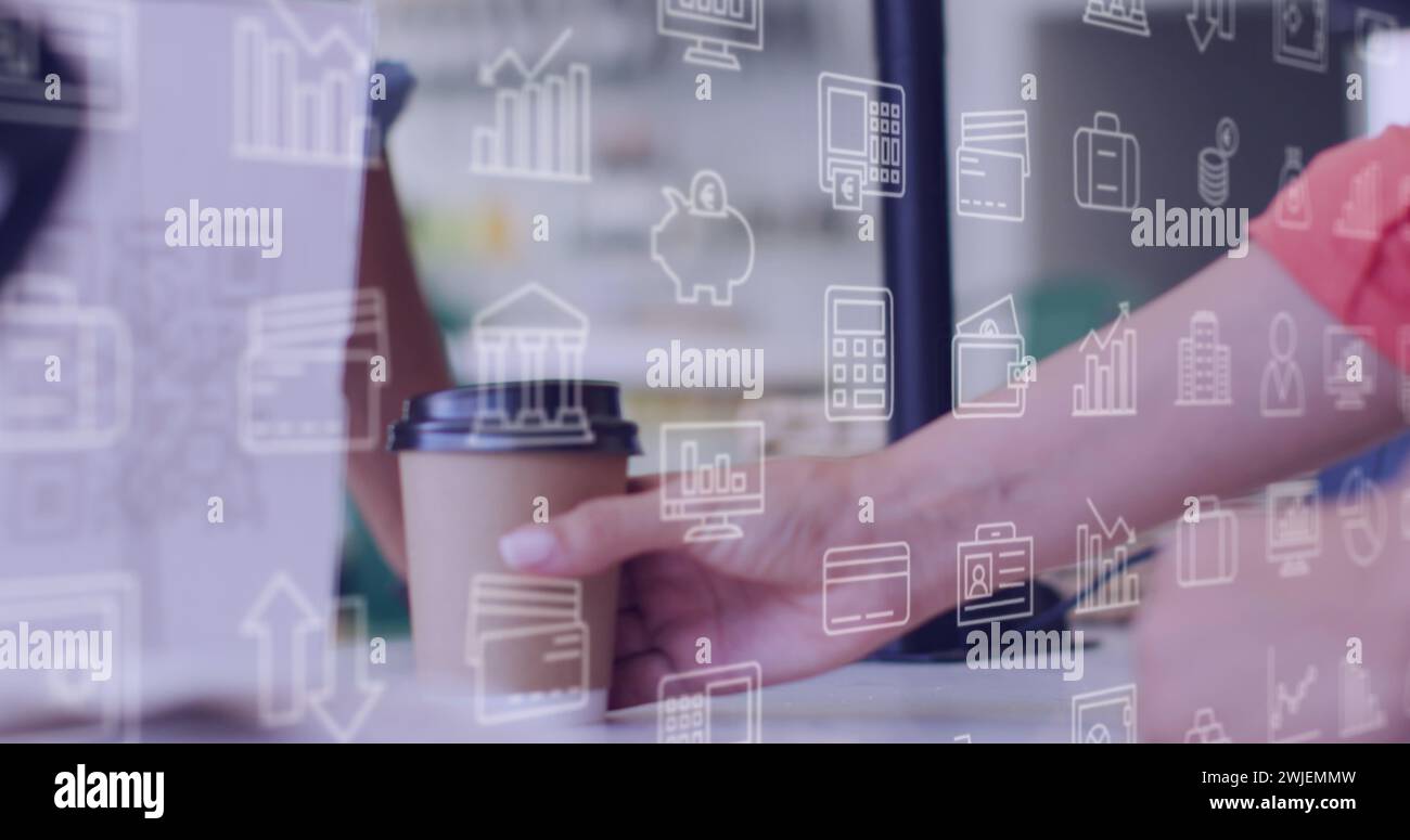 Image of business icons over hands giving coffee Stock Photo - Alamy