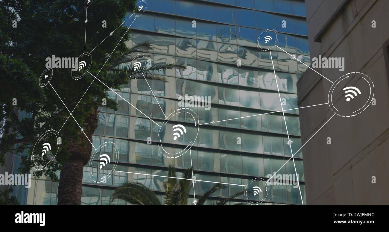 Image of network of conncetions with icons over modern building Stock ...