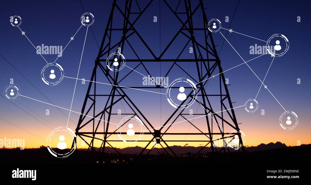 Image of network of conncetions with icons over pylon Stock Photo - Alamy