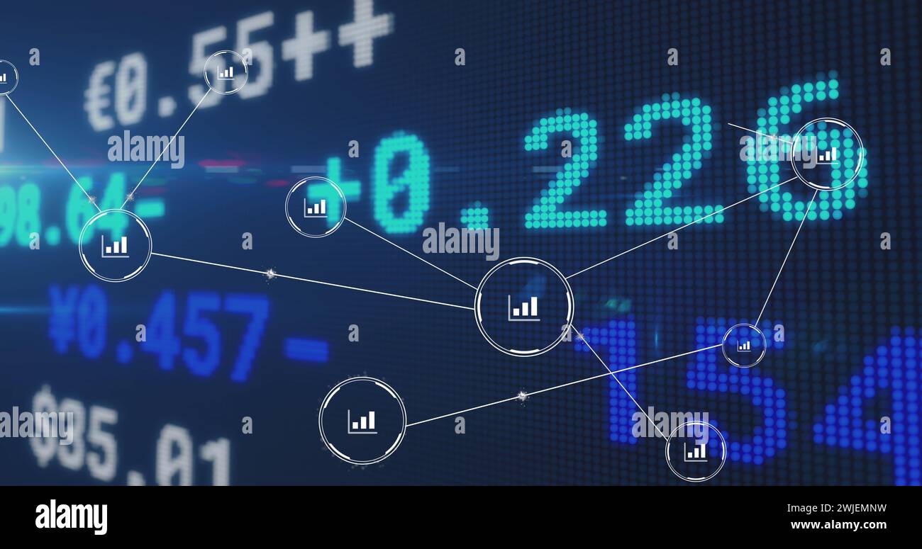 Image of network of conncetions with icons over stock market Stock ...