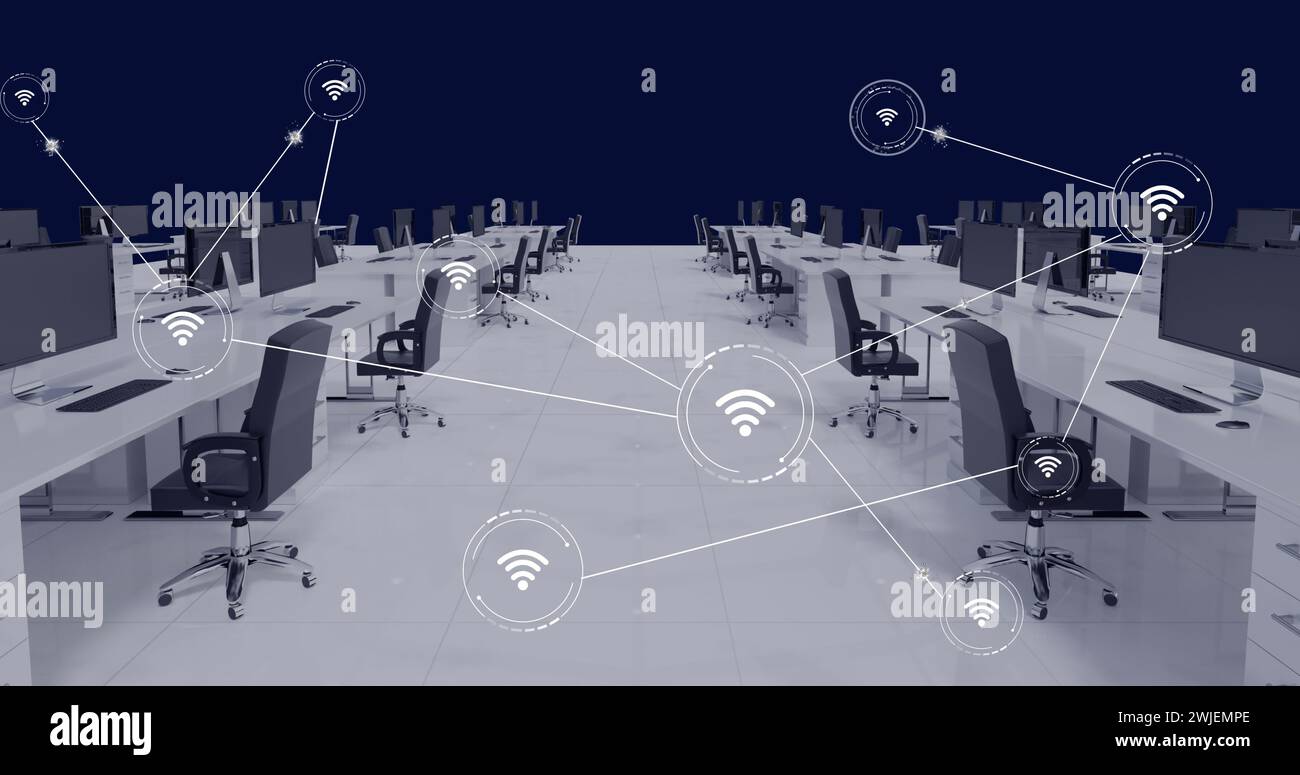 Image of network of conncetions with icons over office interior with ...