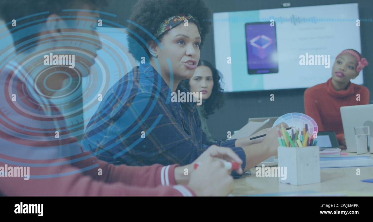 Image of data processing over diverse business people in office Stock ...