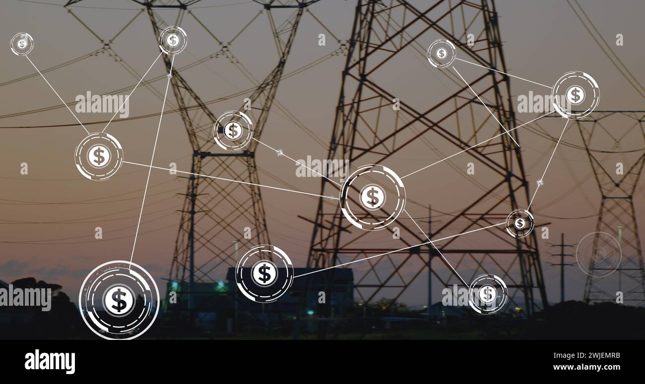 Image of network of conncetions with icons over pylon Stock Photo - Alamy