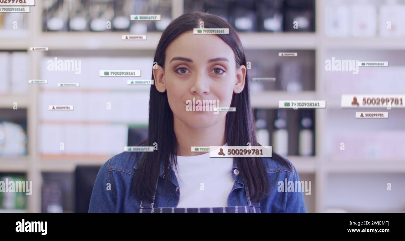 Image of media icons over caucasian female shop assistant smiling Stock ...