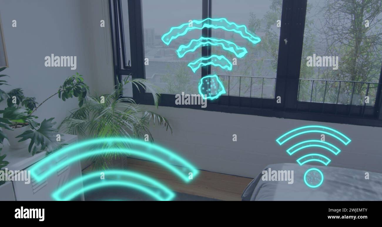 Image of wifi icons over bedroom interior Stock Photo - Alamy