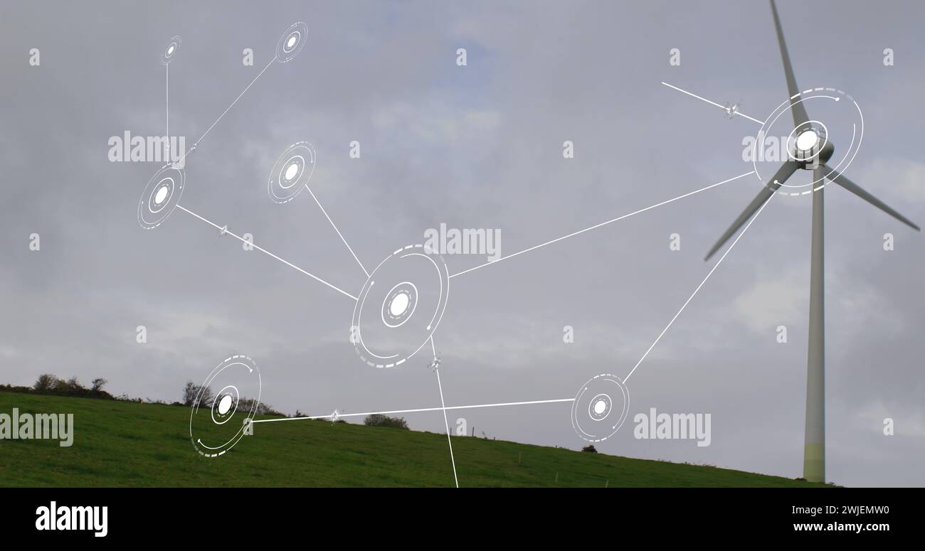 Image of network of conncetions with icons over wind turbine Stock ...