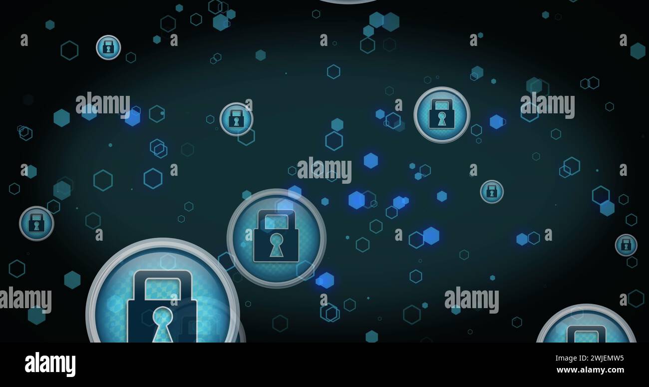 Image of padlock icons over shapes on black background. Global technology, computing and digital ...