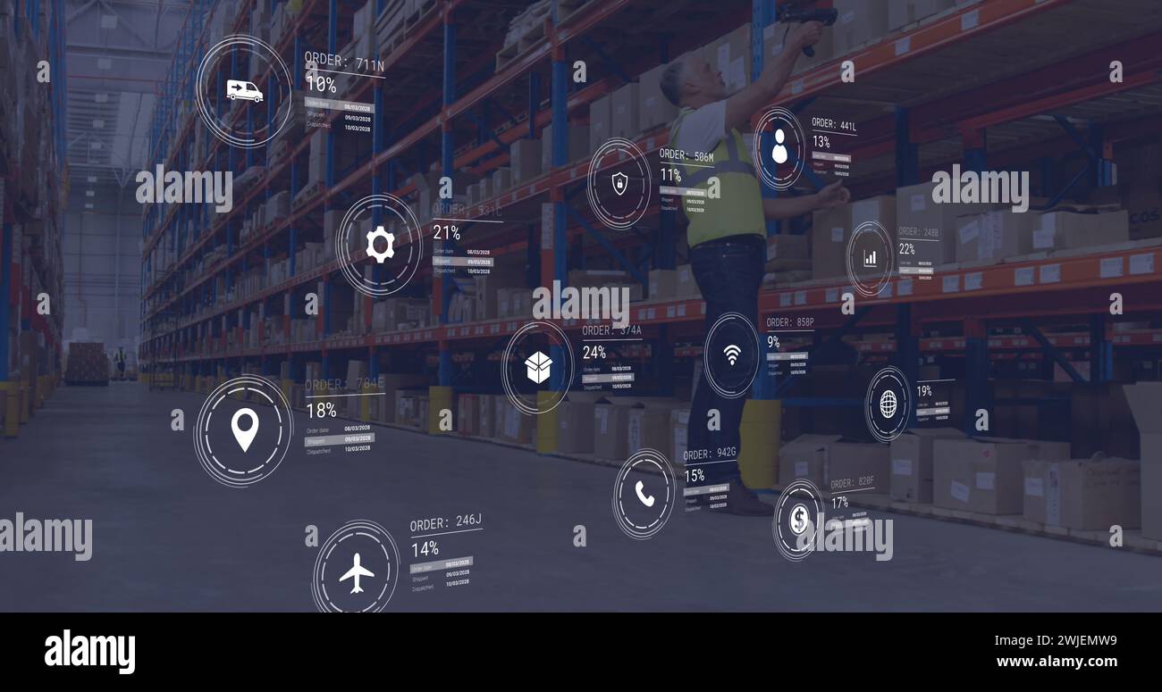 Image of icons with data processing over caucasian male worker in ...