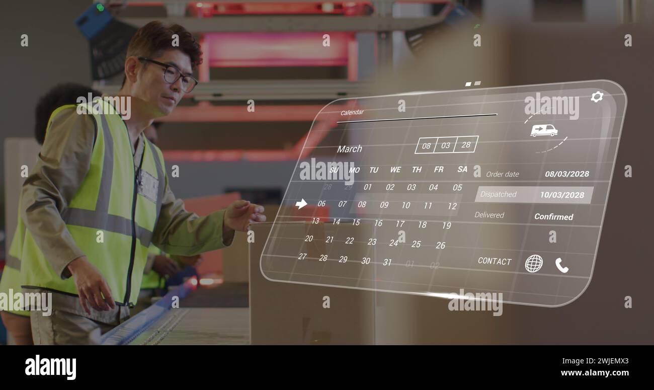 Image of digital interface with calendar and data processing over asian male worker Stock Photo ...