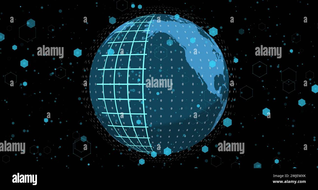 Image of shapes over globe with data processing on black background ...