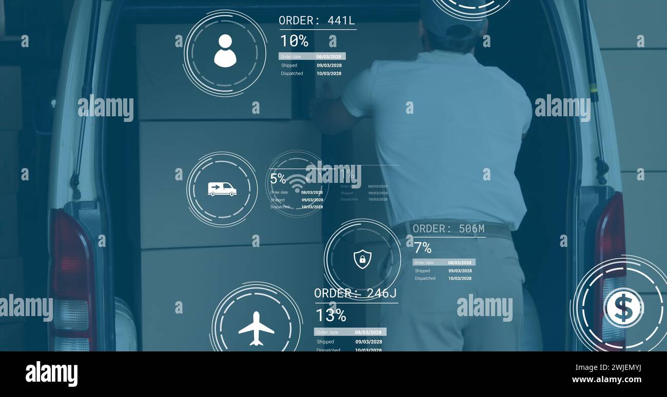 Image of icons with data processing over caucasian delivery man packing ...