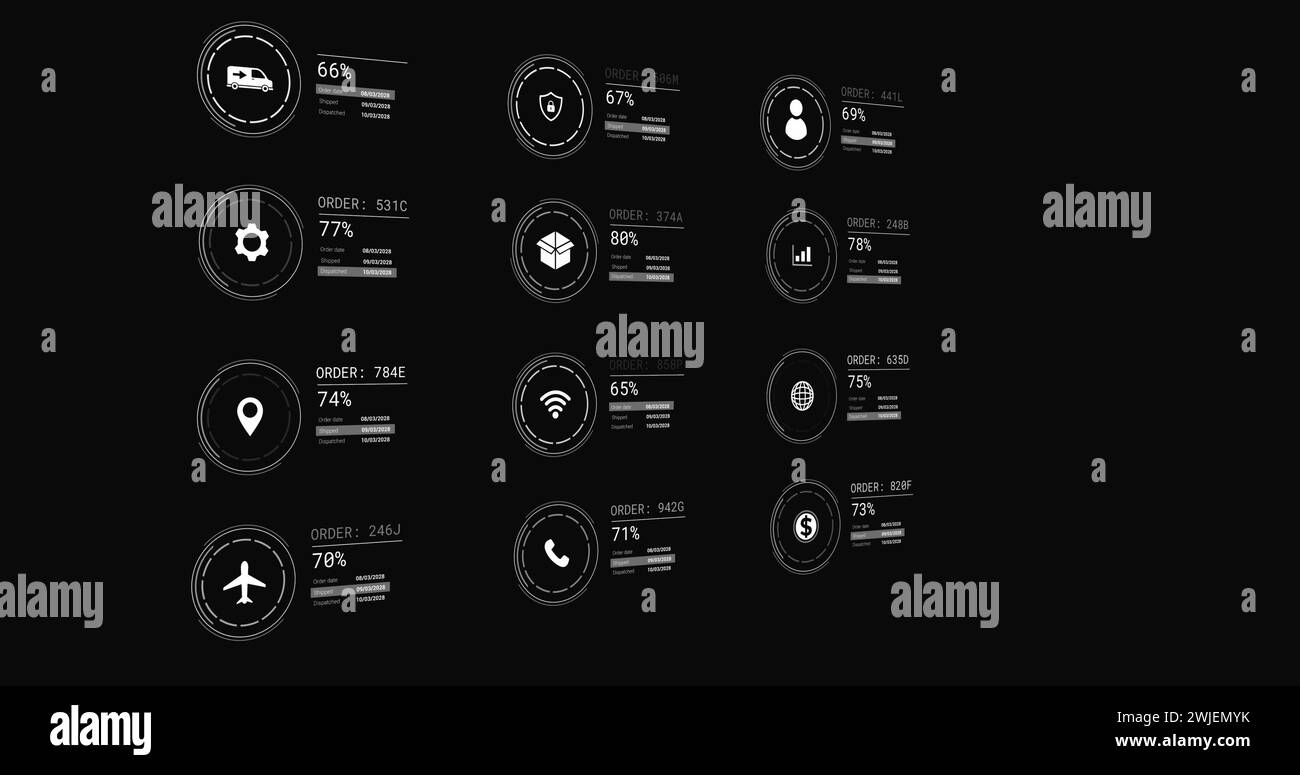 Image of icons with data processing on black background Stock Photo - Alamy
