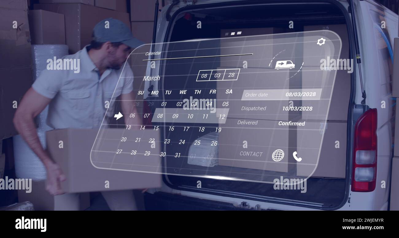 Image of digital interface with calendar and data processing over ...
