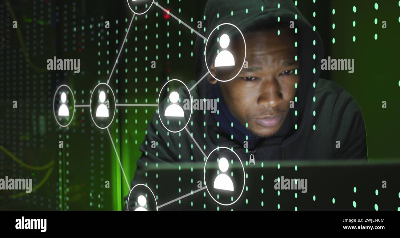 Image of icons and data processing over african american male hacker ...