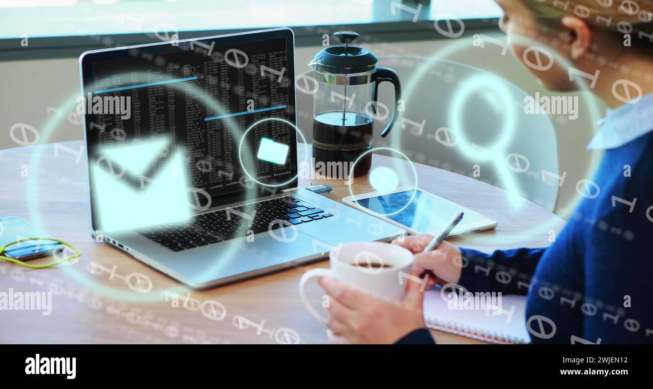 Image of icons, connections and data processing over woman using ...