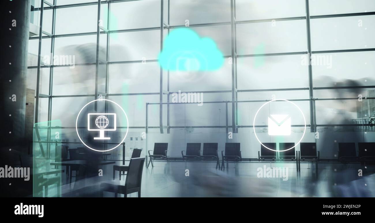 Image of cloud, connections and data processing over office Stock Photo ...