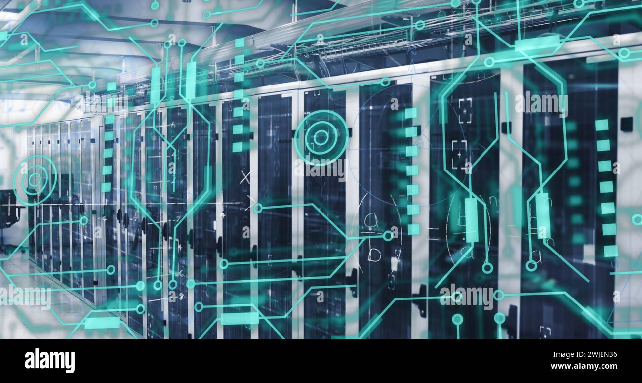 Image Of Connections And Data Processing Over Circuit Board And Servers