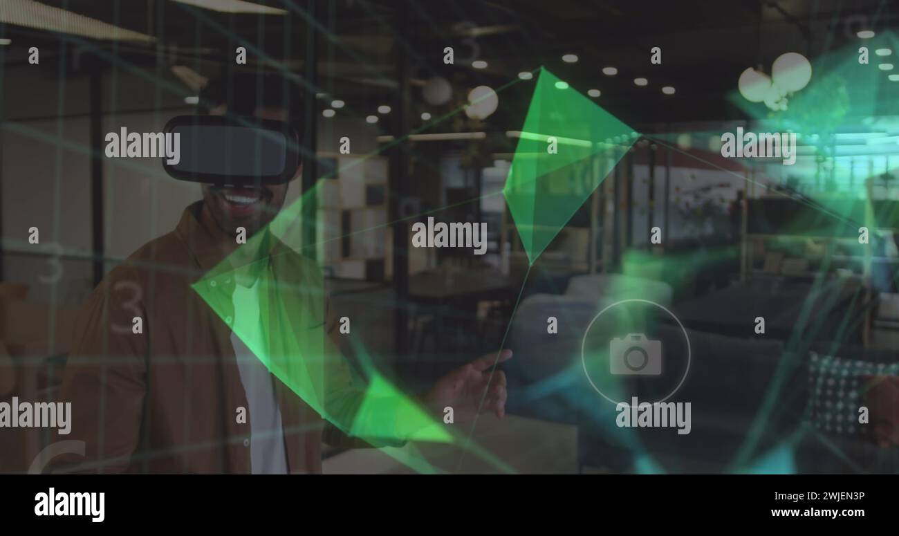 Image of icons and data processing over african american man using vr ...