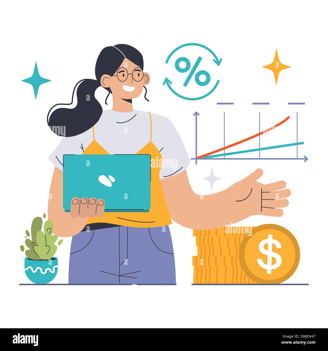 Compound Interest concept. Smiling woman presenting data with laptop ...