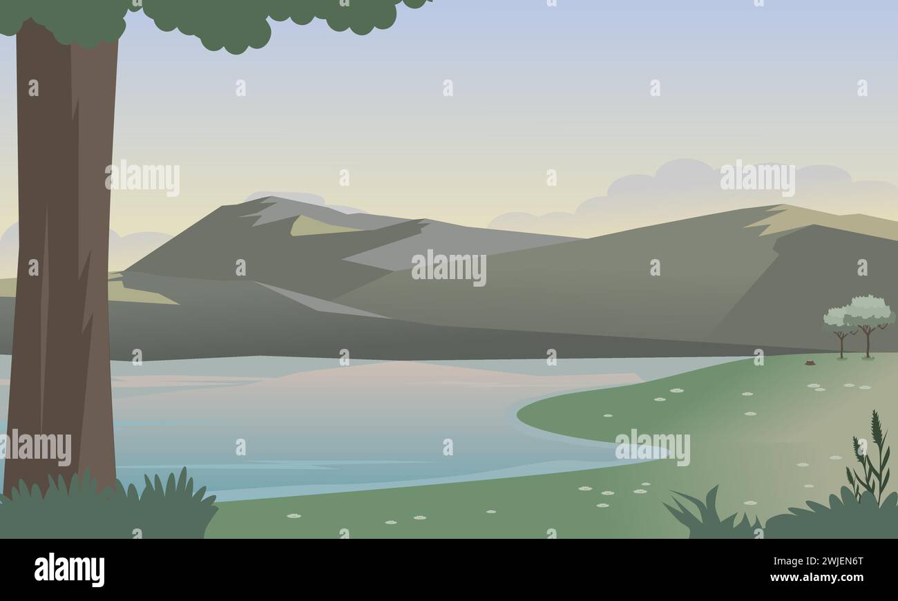 Mountain and lake landscape with green meadows and trees in the morning ... Mountain and lake landscape with green meadows and trees in the morning ...