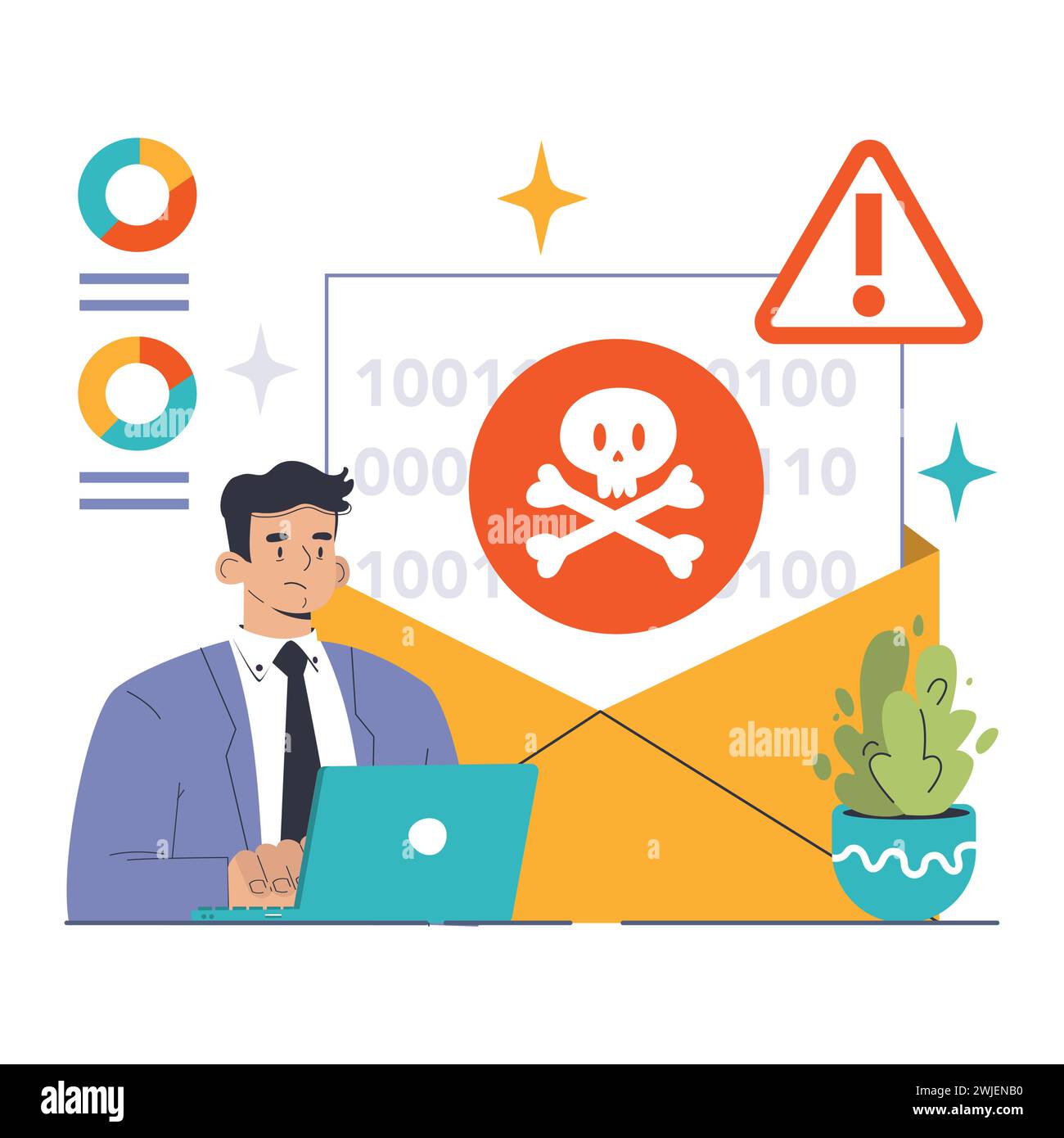 Digital virus threat concept. Tech-savvy woman analyzes menacing skull ...